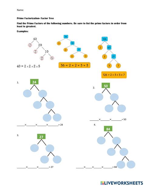 Prime Factorization Factor Tree Method Worksheet Live Worksheets