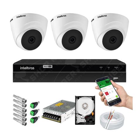 Kit Intelbras 3 Câmeras Dome FHD 1080p VHD 1220D DVR 3104 Acessórios