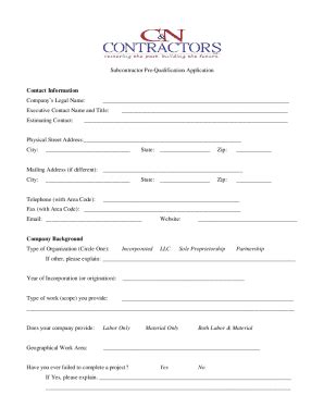 Fillable Online Subcontractor Prequalification Application Darwin