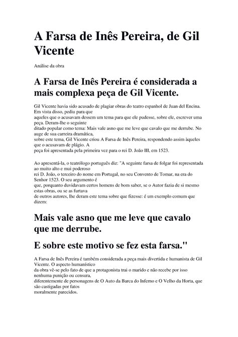 Resumo Farsa De In S Pereira A Farsa De In S Pereira De Gil Vicente