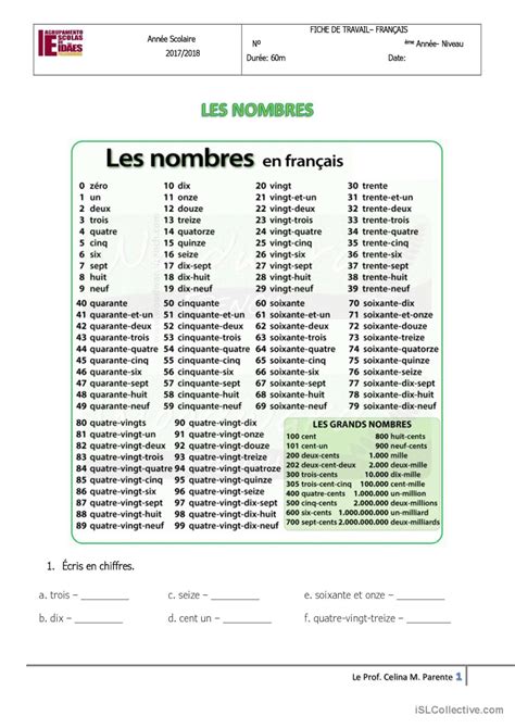 Fiche Sur Les Nombres Fran Ais Fle Fiches Pedagogiques Pdf Doc