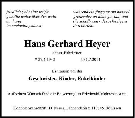 Traueranzeigen Von Hans Gerhard Heyer Trauer In NRW De