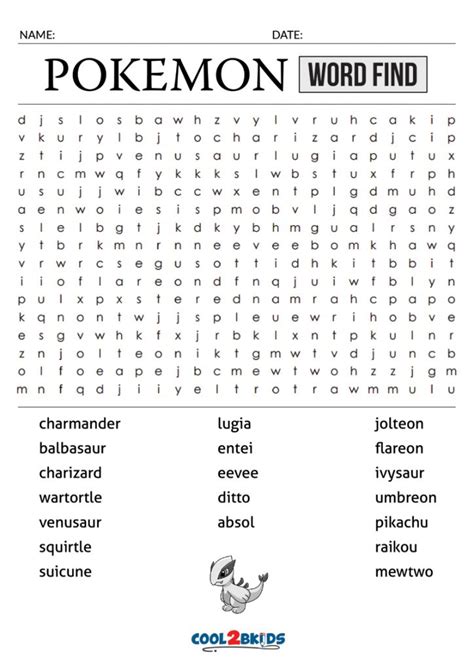 Word Search Pokemon Printable
