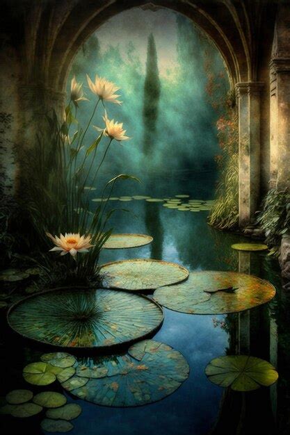 Premium AI Image Painting Of Water Lillies In A Pond With A Castle In