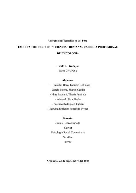 S Tarea Psico Social C Universidad Tecnol Gica Del Per Facultad