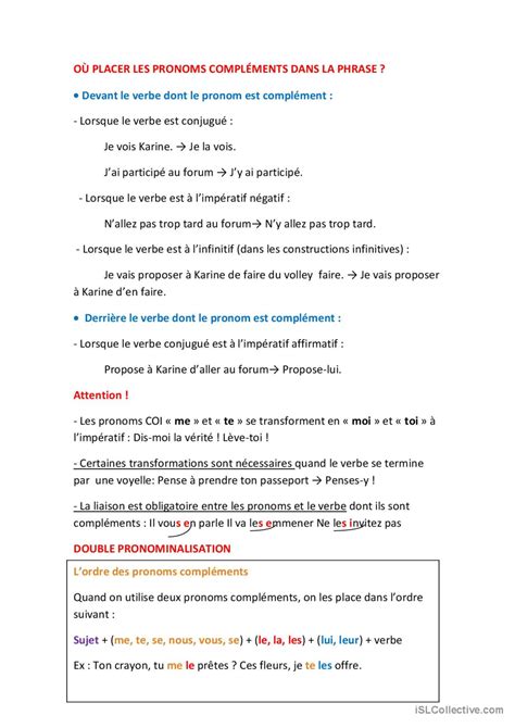 Les Pronoms Cod Et Coi Fran Ais Fle Fiches Pedagogiques Pdf Doc
