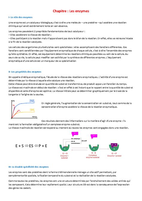 Cours Enzyme Chapitre Les enzymes I Le rôle des enzymes Une enzyme