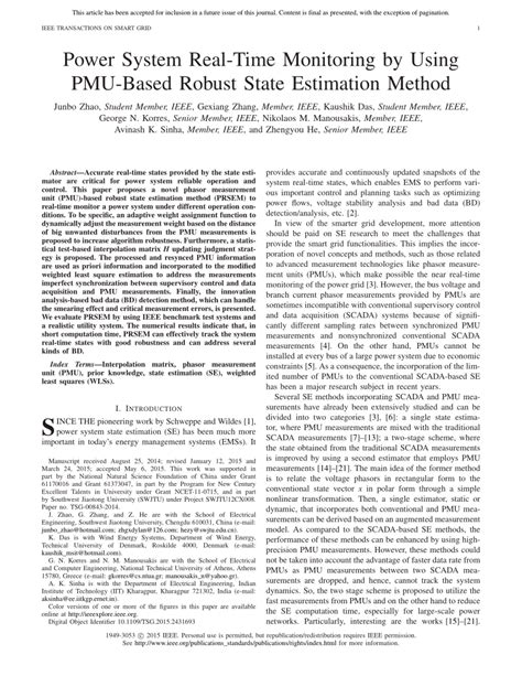 pdf power system real time monitoring by using pmu based robust state estimation method