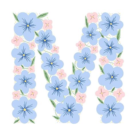 Floral Botanical Alphabet Vintage Hand Drawn Monogram Letter M Letter