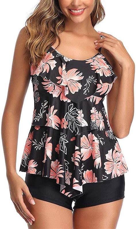 Bañador Mujer 2 Piezas Flores Impresión Tankini Push Up Vest y Short