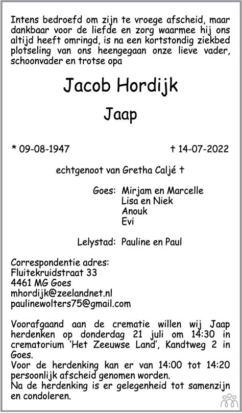 Jacob Jaap Hordijk 14 07 2022 Overlijdensbericht En Condoleances