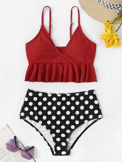 Ruffle Top With Polka Dot High Waist Bikini Cute Swimsuits Swimsuits