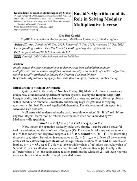 pdf euclid s algorithm and its role in solving modular multiplicative inverse