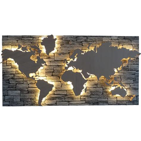 WINTINI LED Weltkarte Holz 100 X 50 Cm 3D Effekt In Steinoptik