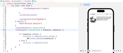 37 implementing search bar using searchable · mastering swiftui book for ios 17 and xcode 15