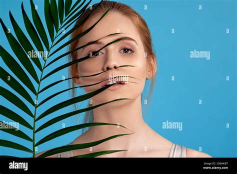 Blonde Woman Hiding Behind Palm Tropical Leaves Stock Photo Alamy