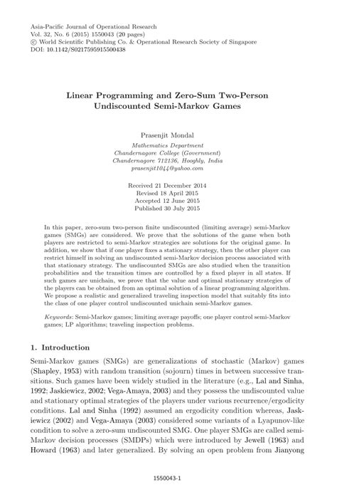 pdf linear programming and zero sum two person undiscounted semi markov games