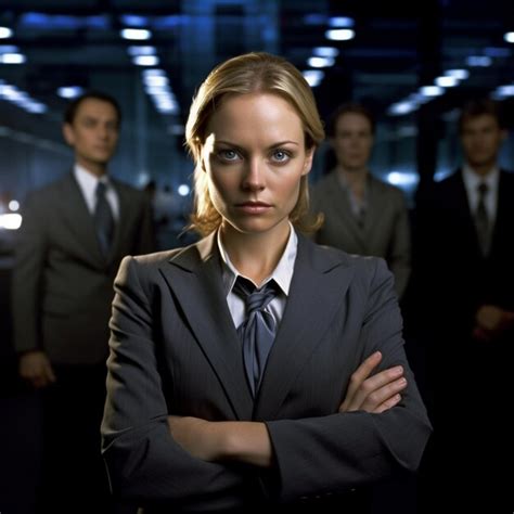 Premium AI Image A Woman In A Suit Stands In Front Of A Group Of Men