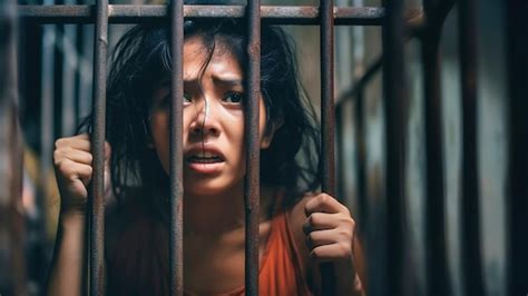投獄された女性 刑務所のセルのバーに手を握った女性 クローズアップ プレミアム写真