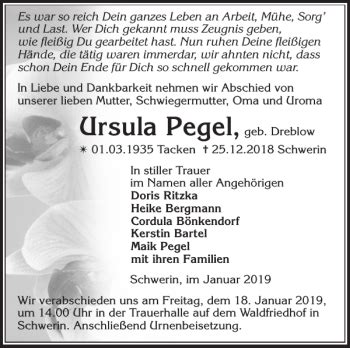 Traueranzeigen Von Ursula Pegel Trauer Nordkurier
