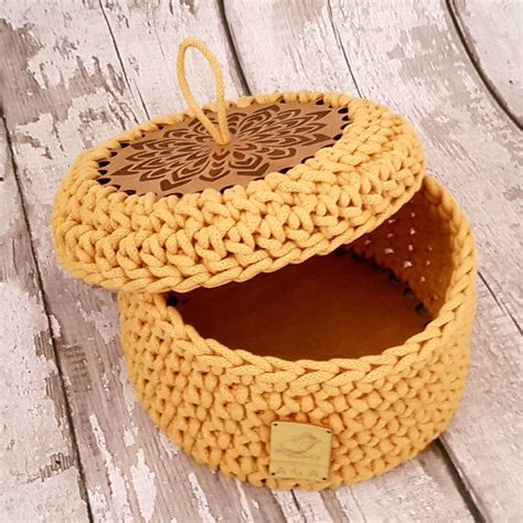 Sturdy Crochet Baskets With Wooden Base And Lid Etsy