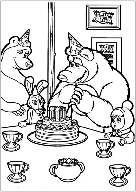 Masha les ours et le lapin fêtent un anniversaire Coloriages de