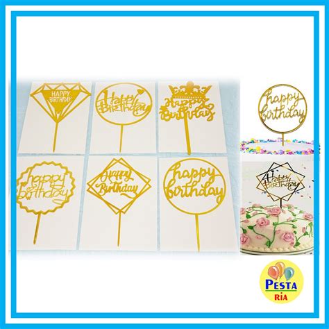 Jual Murah CAKE TOPPER ACRYLIC HAPPY BIRTHDAY GOLD TOPPER KUE ULANG