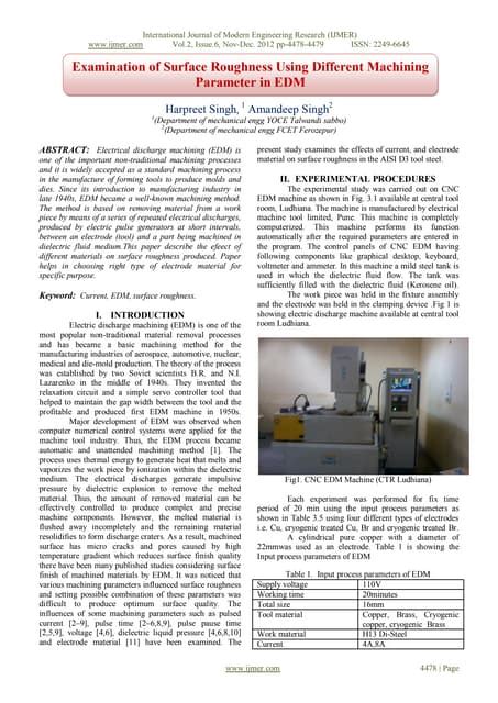 examination of surface roughness using different machining parameter in edm pdf