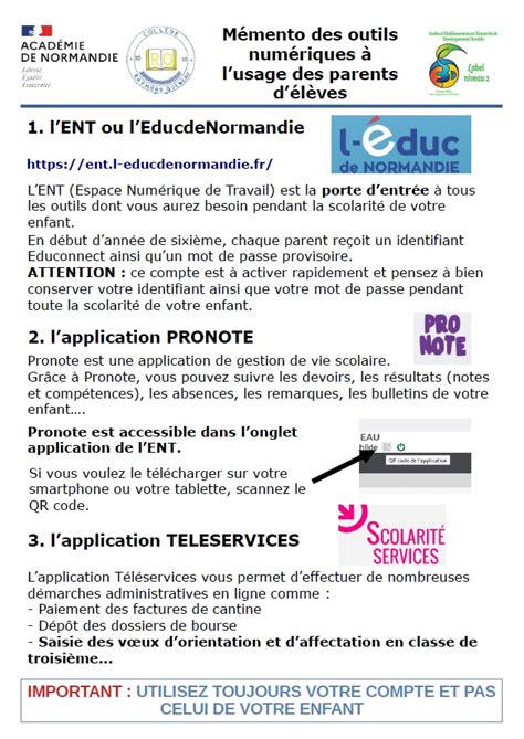 Mémento des outils numériques à lusage des parents délèves Collège