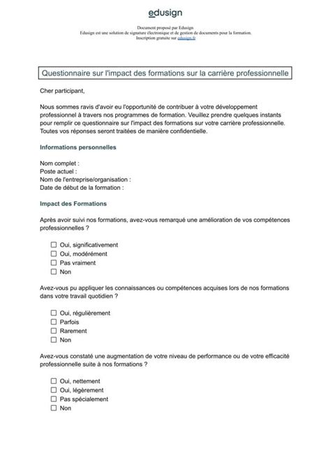 Modèle de questionnaire Formation continue Edusign