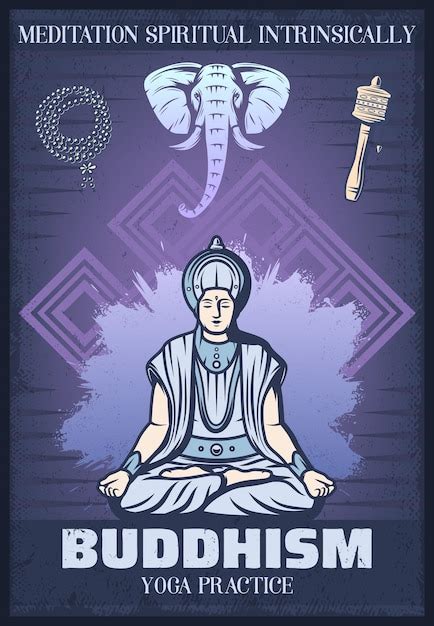 Cartel de religión de budismo color vintage con budista sentado en
