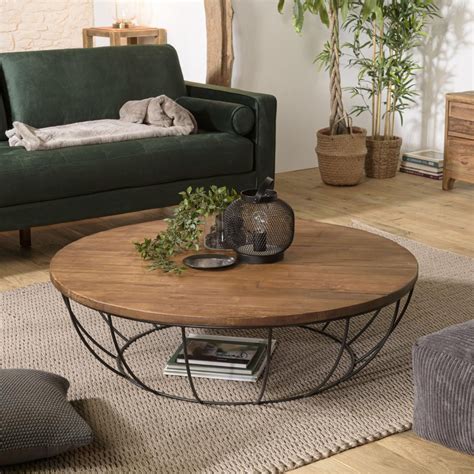Table Basse ALIDA Coque Noire Bois Teck Recyclé Et Métal 120 X 120 Cm