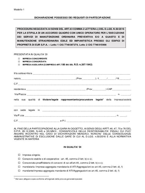 Fillable Online Modello 1 DICHIARAZIONE POSSESSO DEI REQUISITI DI