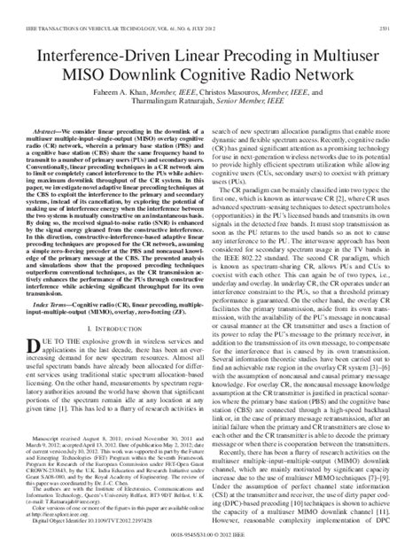 pdf interference driven linear precoding in multiuser miso downlink cognitive radio network