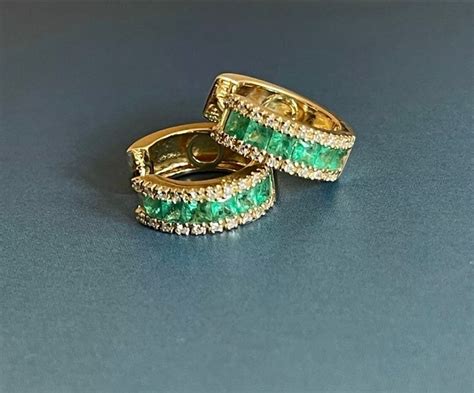 14ct Yellow Gold Emerald Diamond Hoop Earrings Hoops Etsy