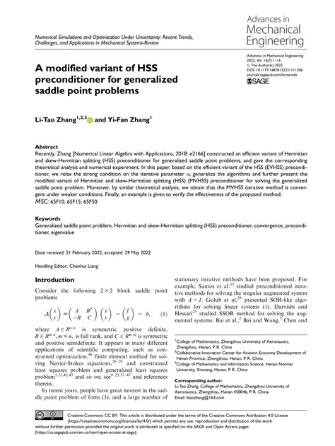 pdf a modified variant of hss preconditioner for generalized saddle point problems