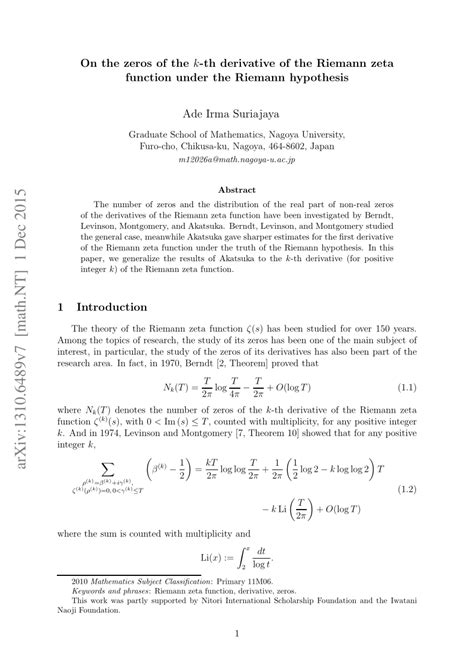 pdf on the zeros of the k th derivative of the riemann zeta function under the riemann