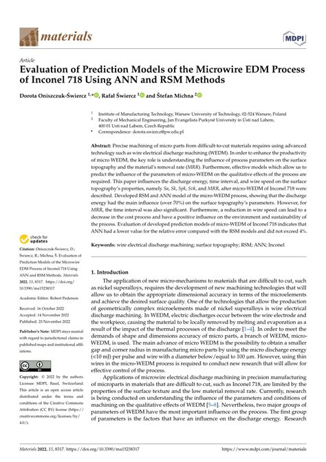 pdf evaluation of prediction models of the microwire edm process of inconel 718 using ann and