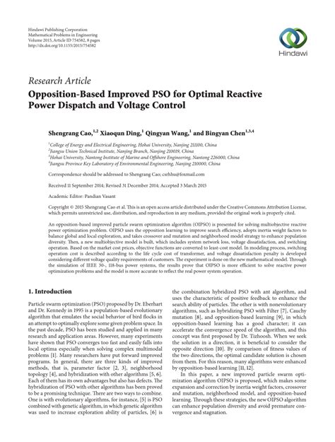 pdf opposition based improved pso for optimal reactive power dispatch and voltage control