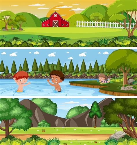 Conjunto De Paisagem De Natureza Diferente Em Cena Diurna