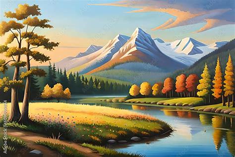 A Serene Countryside Scene With A Meandering River Flowing Through Lush