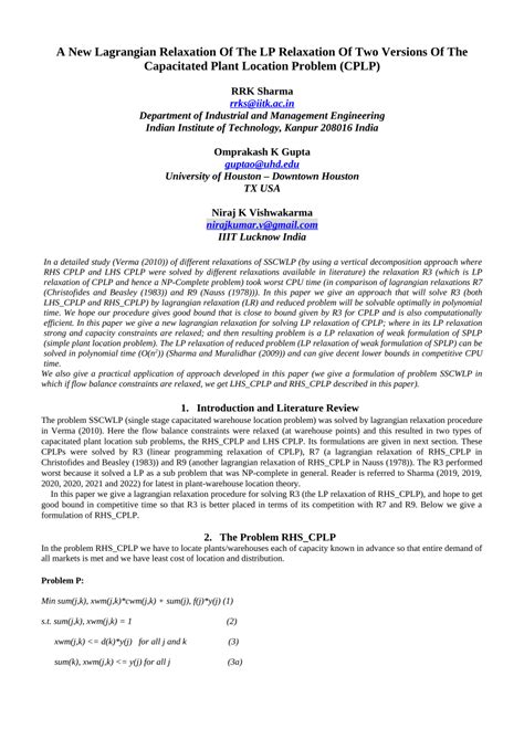 pdf a new lagrangian relaxation of the lp relaxation of two versions of the capacitated plant