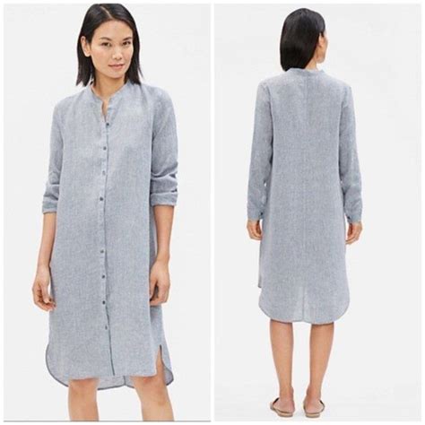 Eileen Fisher Mandarin Collar Linen Shirt Dress Linen Shirt Dress