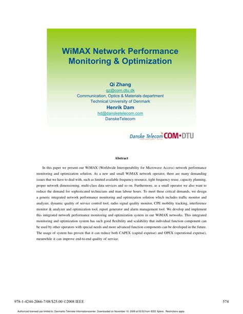 pdf wimax network performance monitoring and optimization
