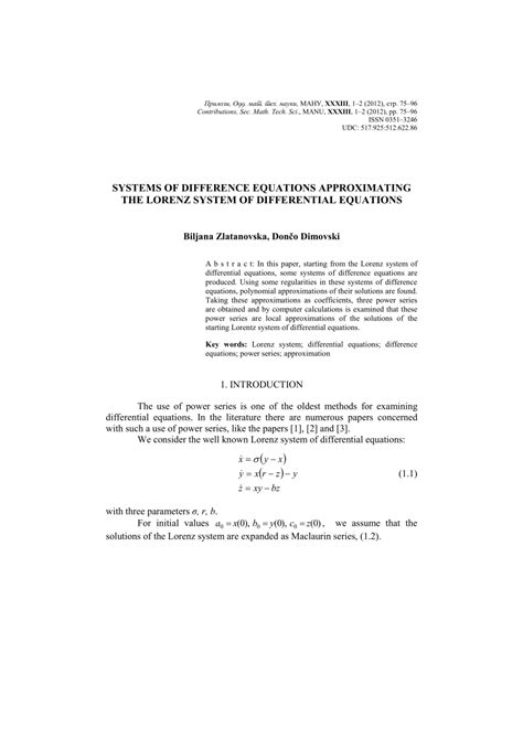 pdf systems of difference equations approximating the lorenz system of differential equations