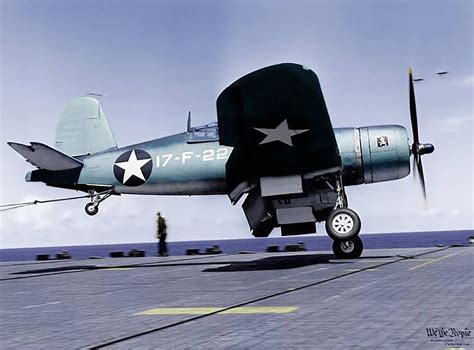 Asisbiz Vought F4U 1 Corsair VF 17 White 17F22 Landing Aboard CV 17 USS