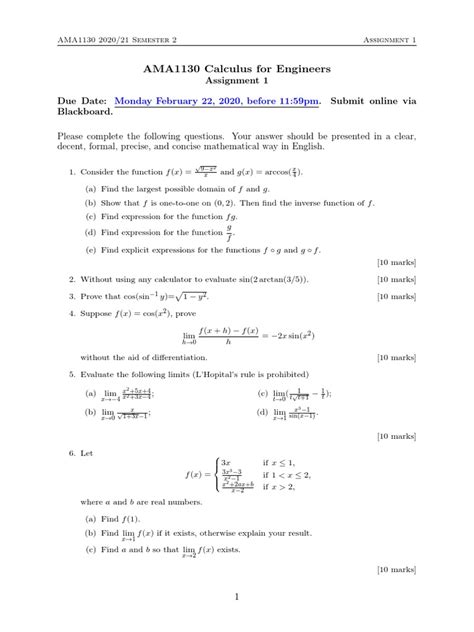 ama1130 calculus for engineers assignment 1 due date submit online via blackboard pdf