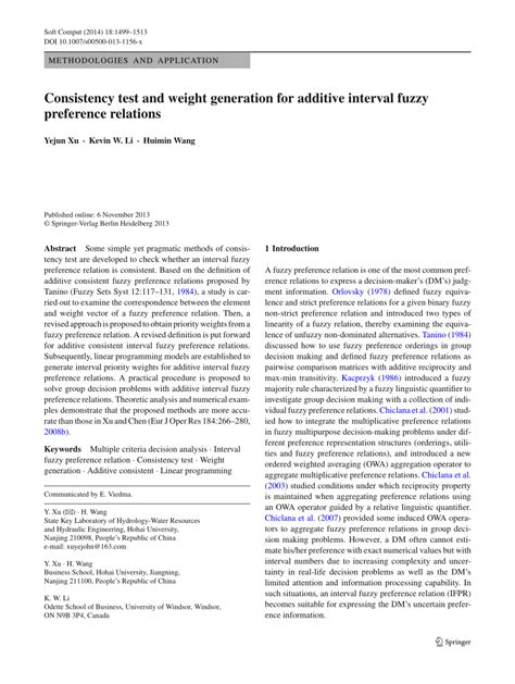 pdf consistency test and weight generation for additive interval fuzzy preference relations