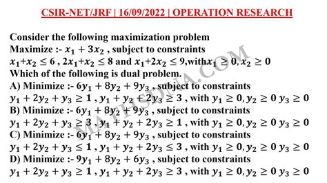 csir net jrf mathematics operation research 16 sept 2022 part b dual problem youtube
