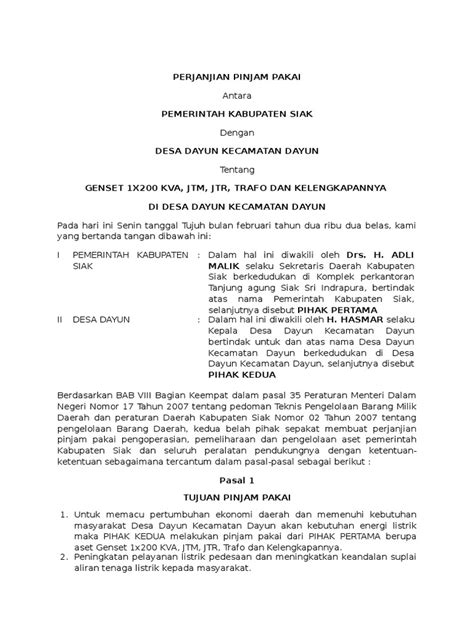 Detail Contoh Surat Perjanjian Pinjam Pakai Barang Milik Daerah Koleksi